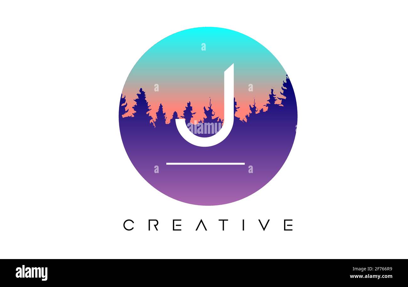 Creative J Letter Logo Design with Pine Forest Vector Shapes and Pastel ...