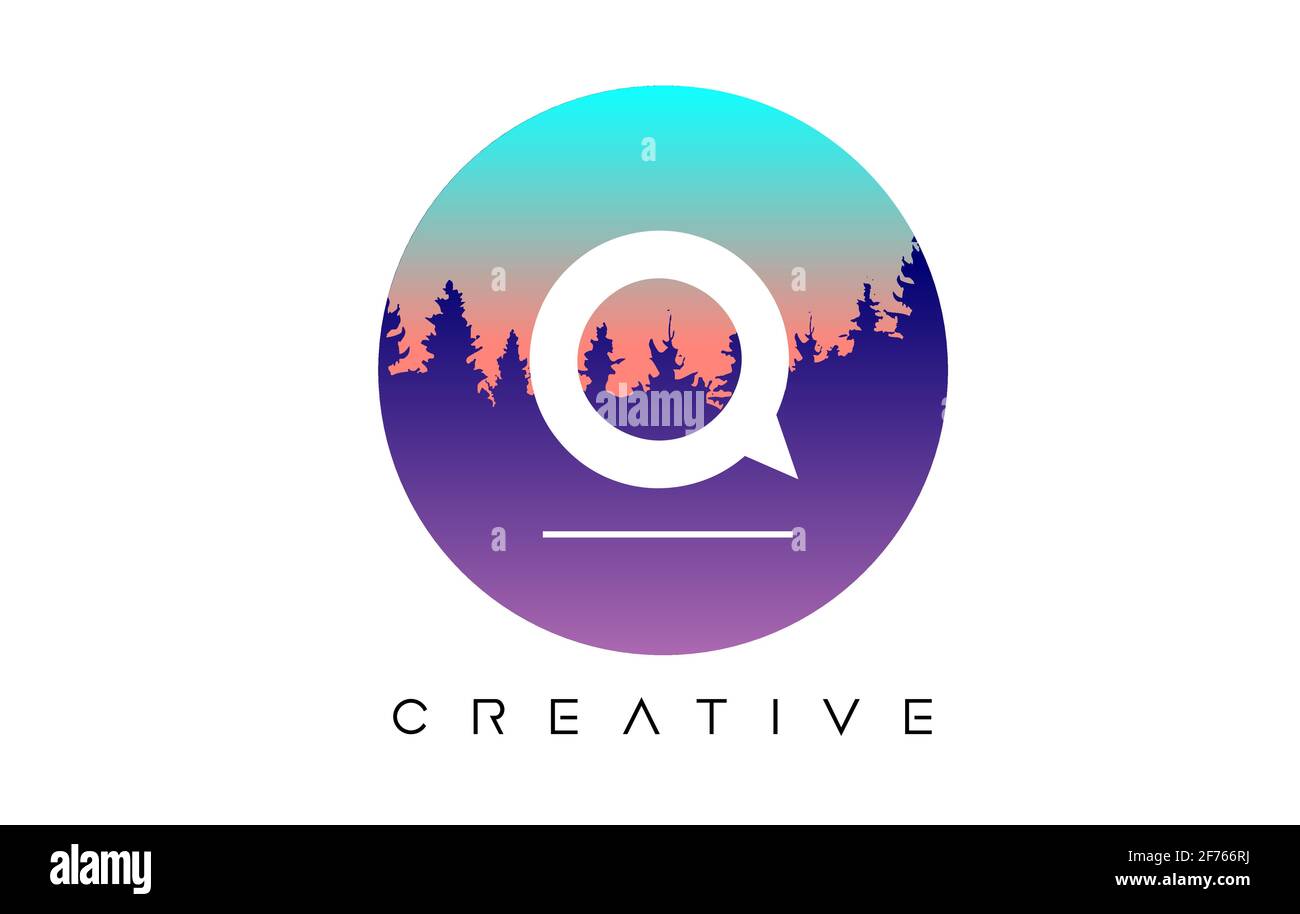Creative Q Letter Logo Design with Pine Forest Vector Shapes and Pastel ...