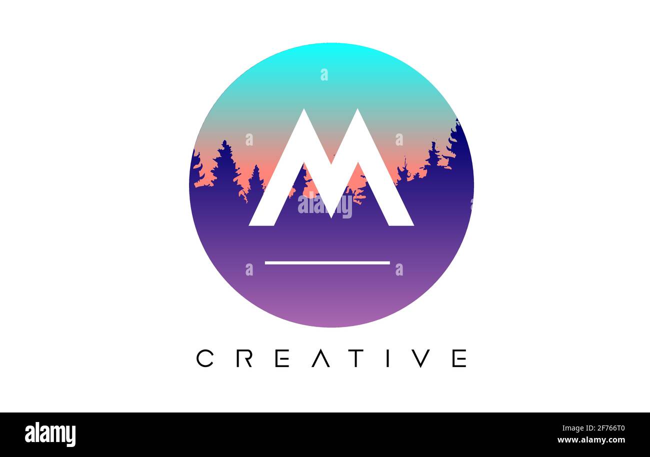 Creative M Letter Logo Design with Pine Forest Vector Shapes and Pastel ...