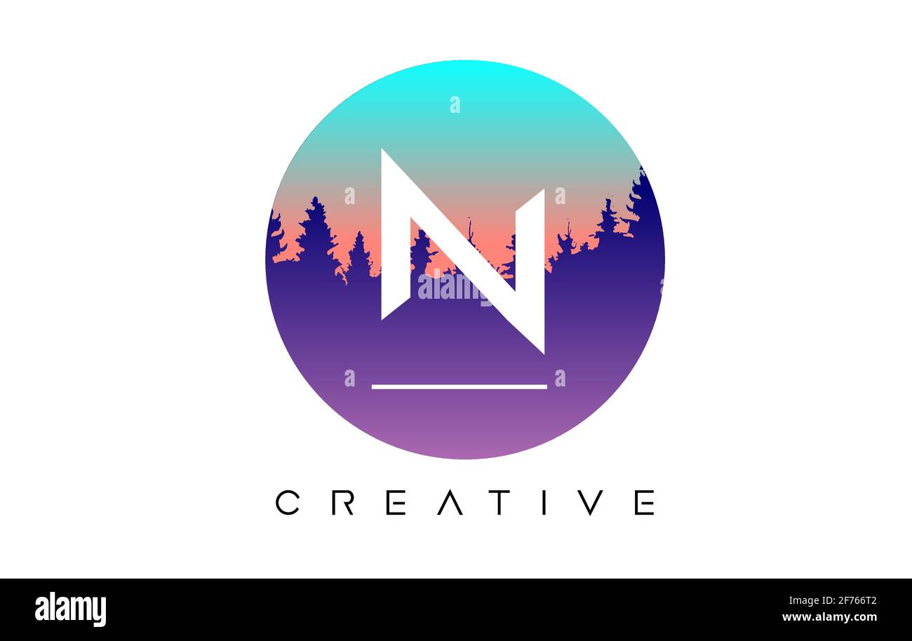 Creative N Letter Logo Design with Pine Forest Vector Shapes and Pastel ...