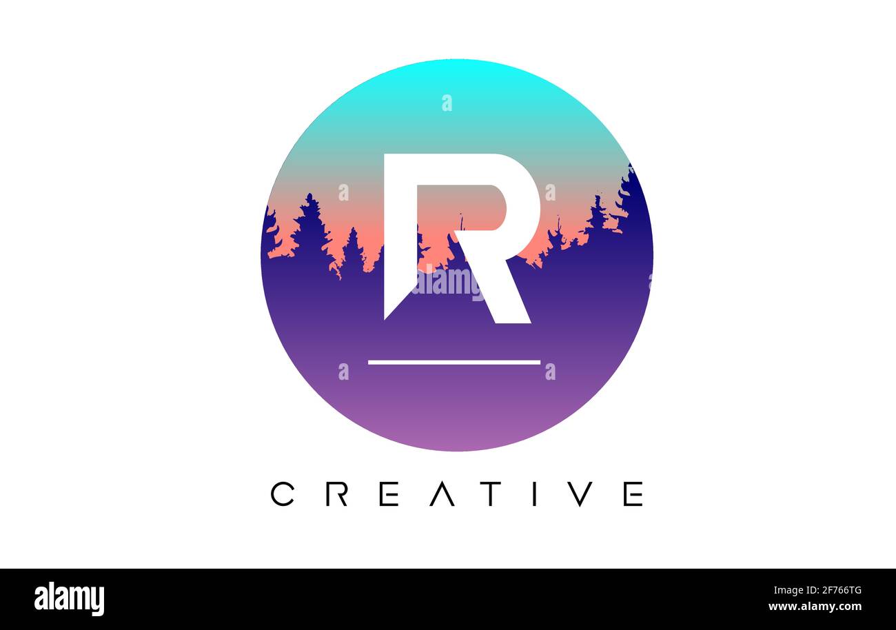 Creative R Letter Logo Design with Pine Forest Vector Shapes and Pastel ...