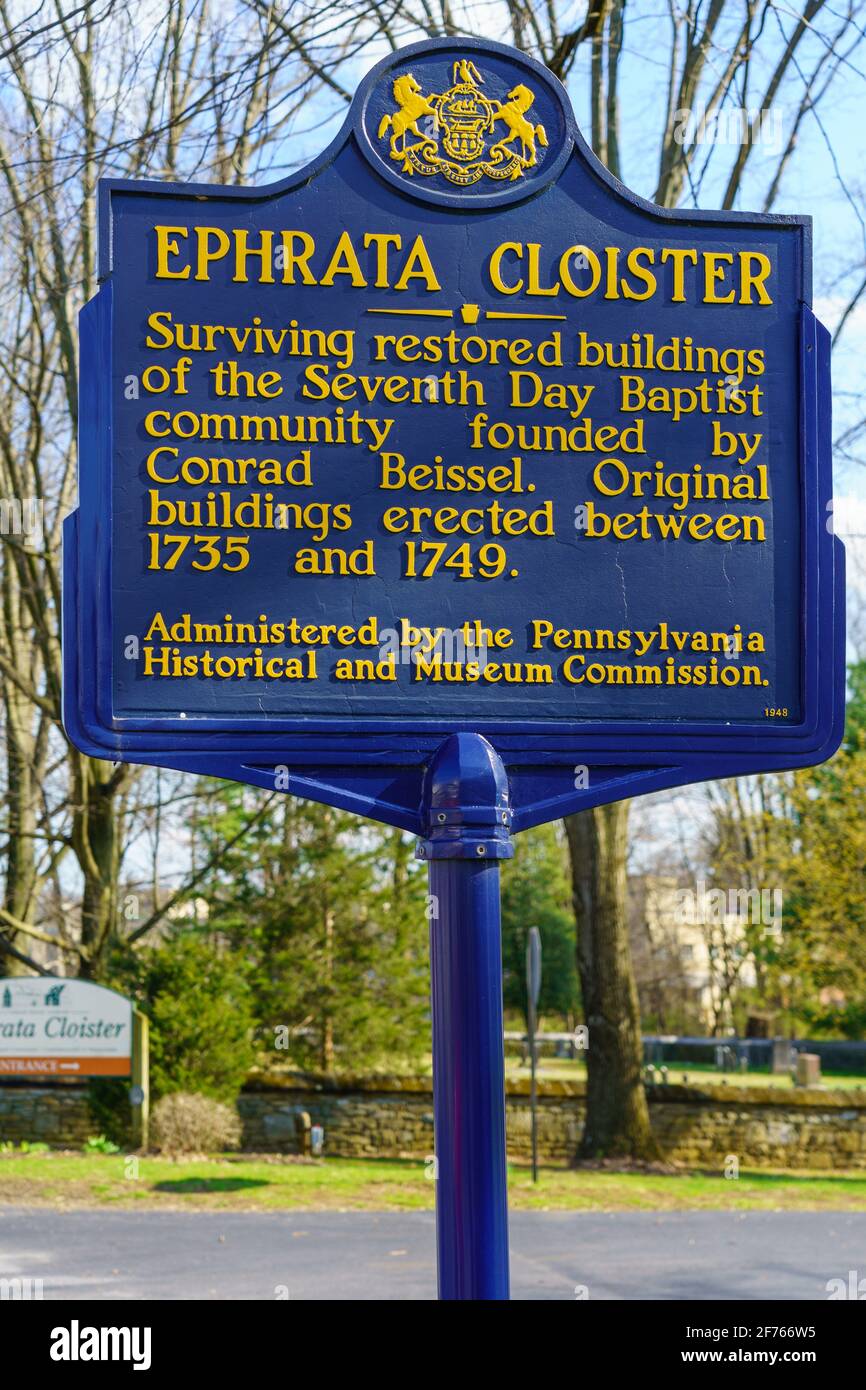 Ephrata, PA, USA - April 4, 2021: Historical Marker sign at the ...