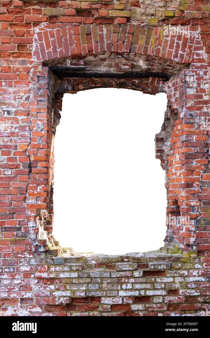 a red brick wall with a hole in the middle. isolated on a white ...