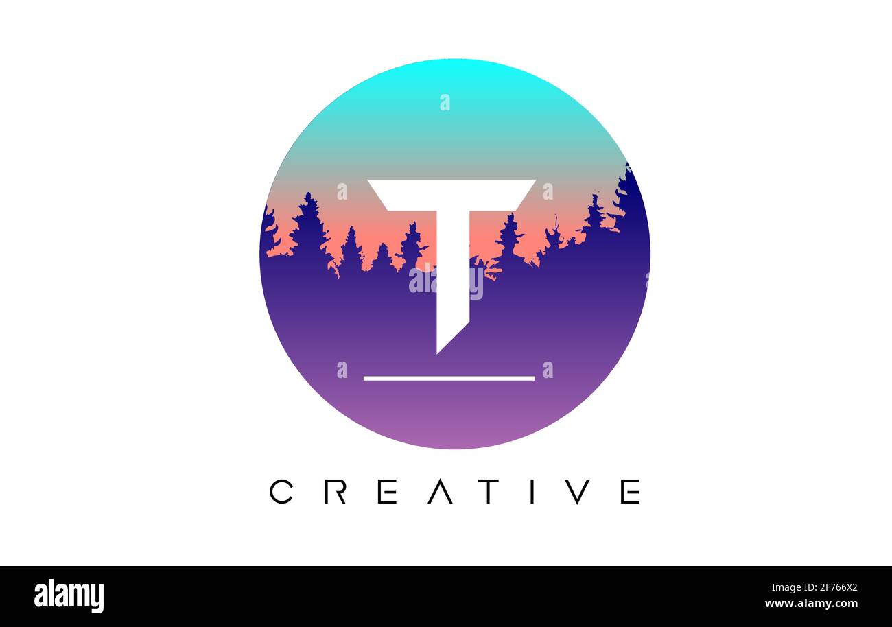 Creative T Letter Logo Design with Pine Forest Vector Shapes and Pastel ...