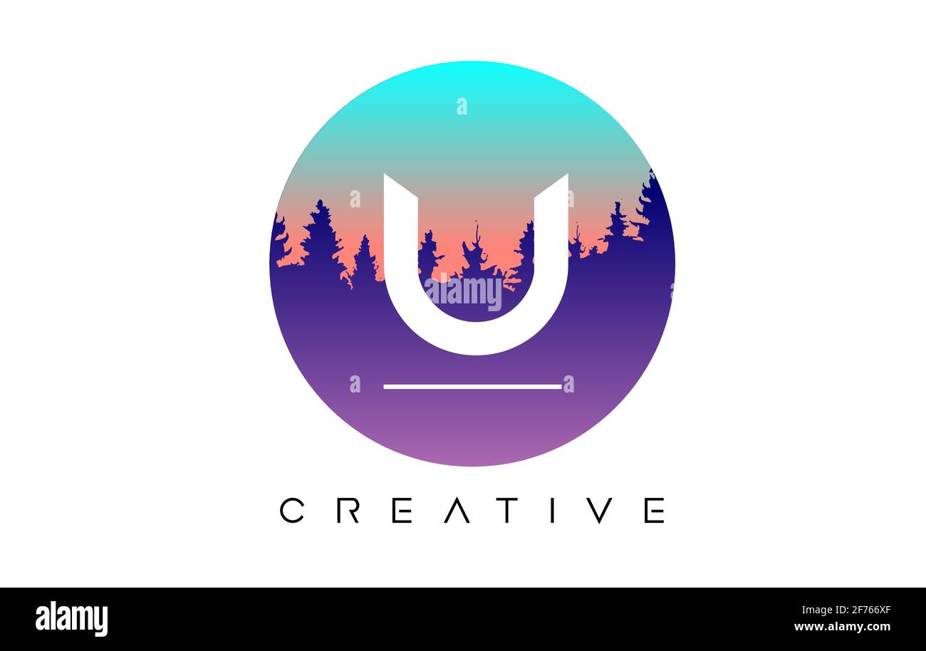 Creative U Letter Logo Design with Pine Forest Vector Shapes and Pastel ...