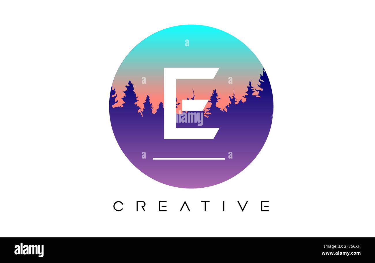 Creative E Letter Logo Design with Pine Forest Vector Shapes and Pastel ...
