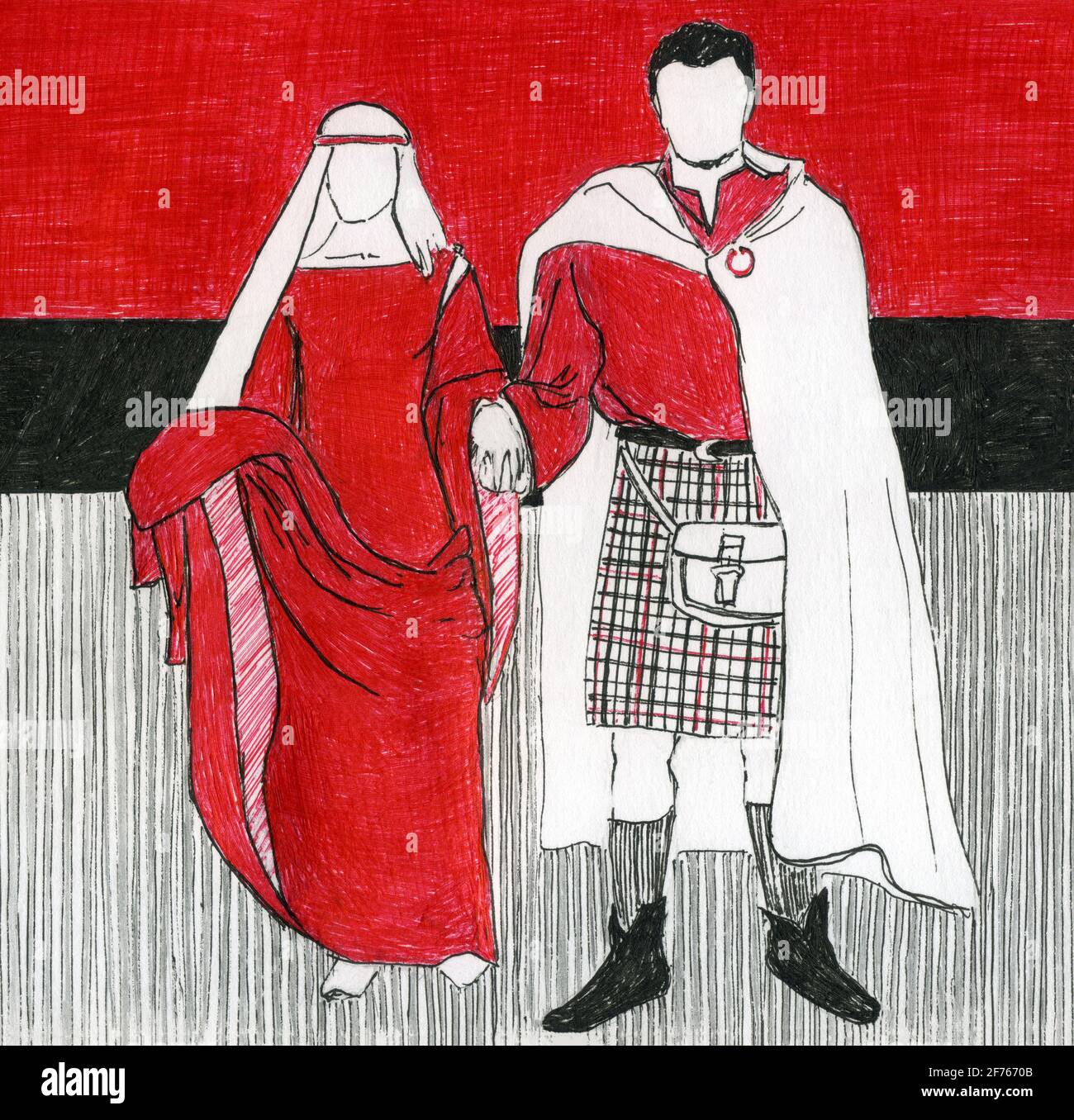 Medieval hand drawn illustration. Historical dressed man and woman in ...