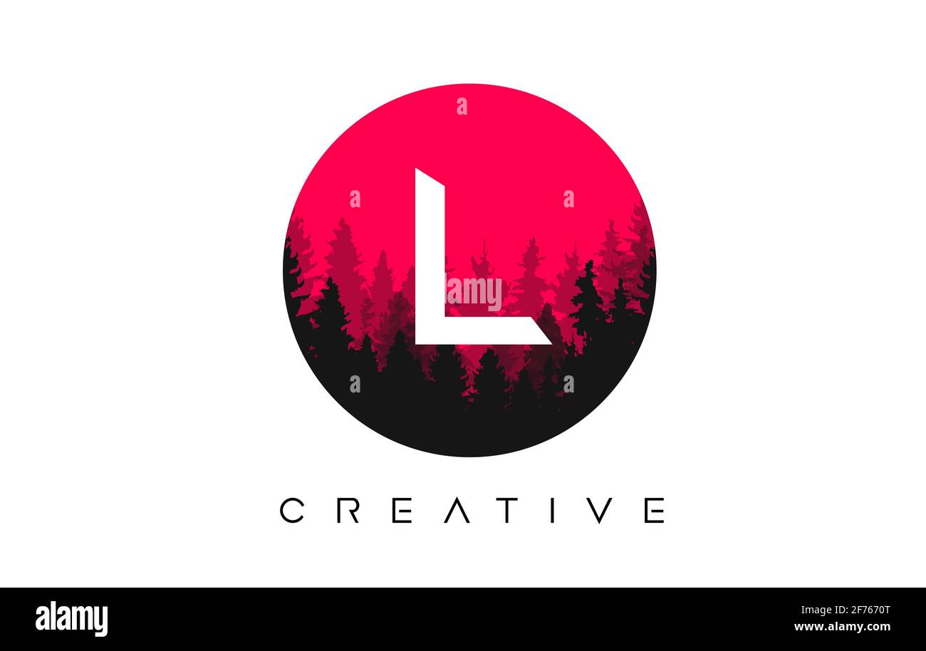 L Letter Logo Design with Pine Forest Vector Shapes and Red Circular ...
