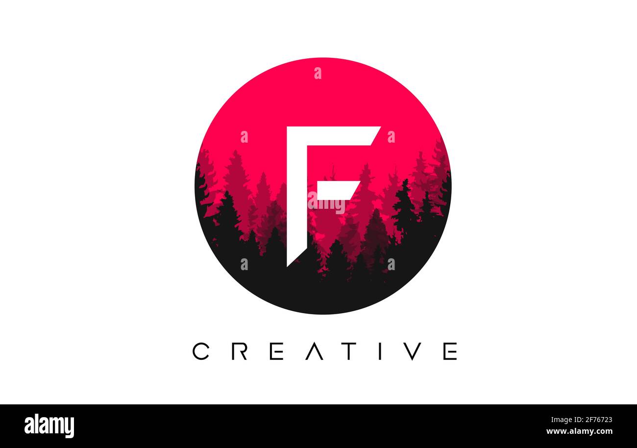 F Letter Logo Design with Pine Forest Vector Shapes and Red Circular ...
