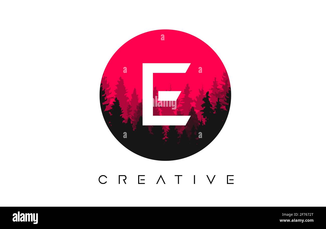 E Letter Logo Design with Pine Forest Vector Shapes and Red Circular ...