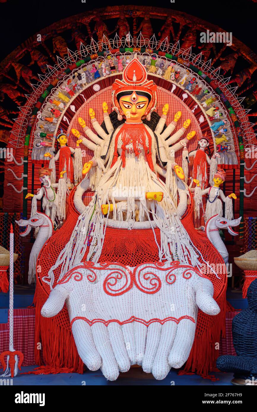 Goddess Durga idol decorated at puja pandal in Kolkata, West Bengal ...