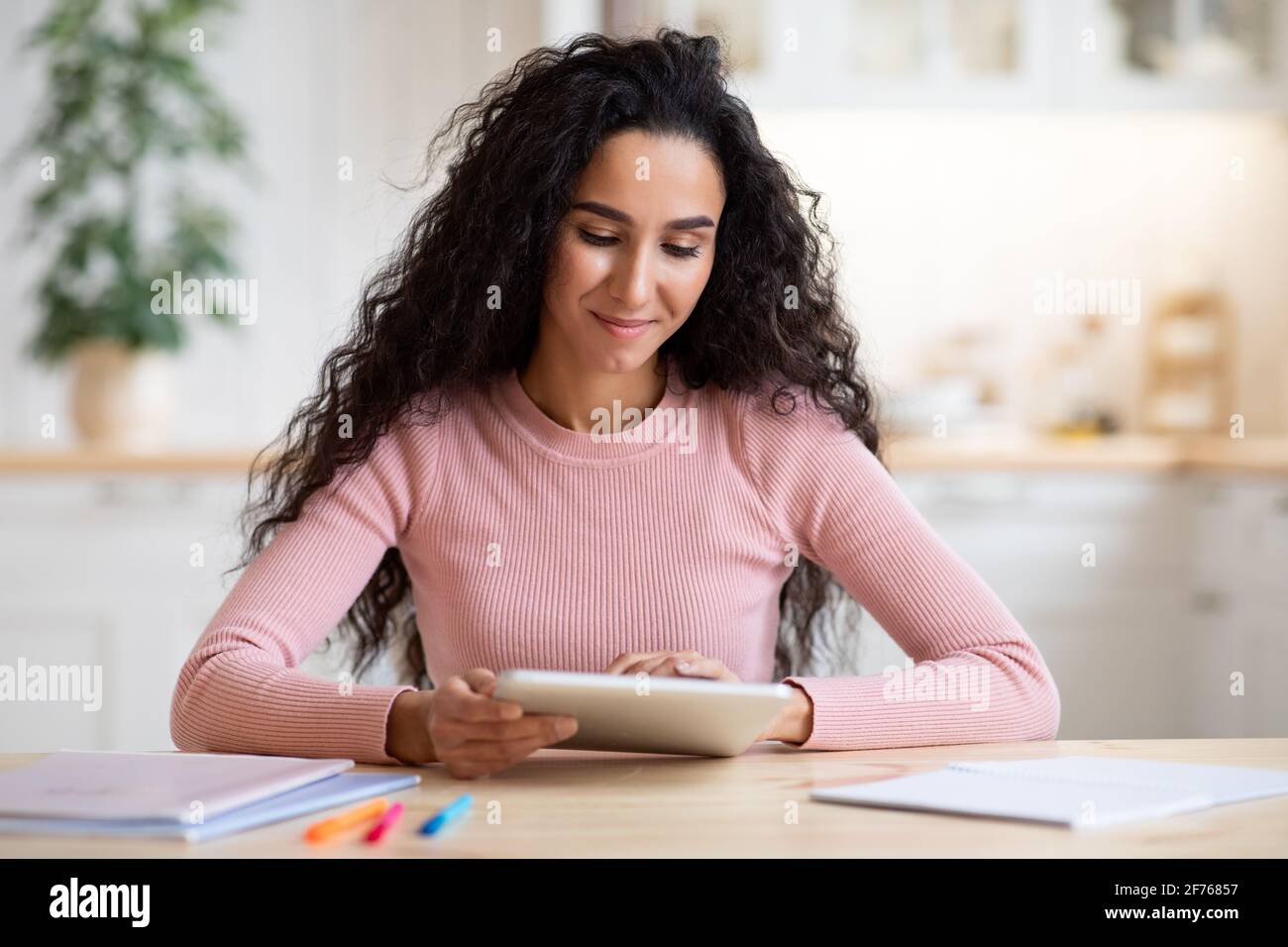 Modern Technologies Concept. Portrait Of Smiling Woman Using Digital ...
