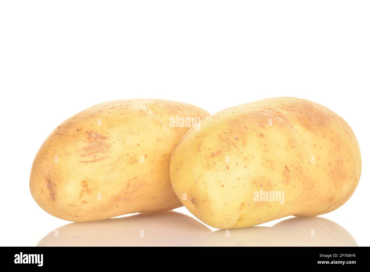 Two fresh, not peeled, uncooked, organic, juicy potatoes on a white ...
