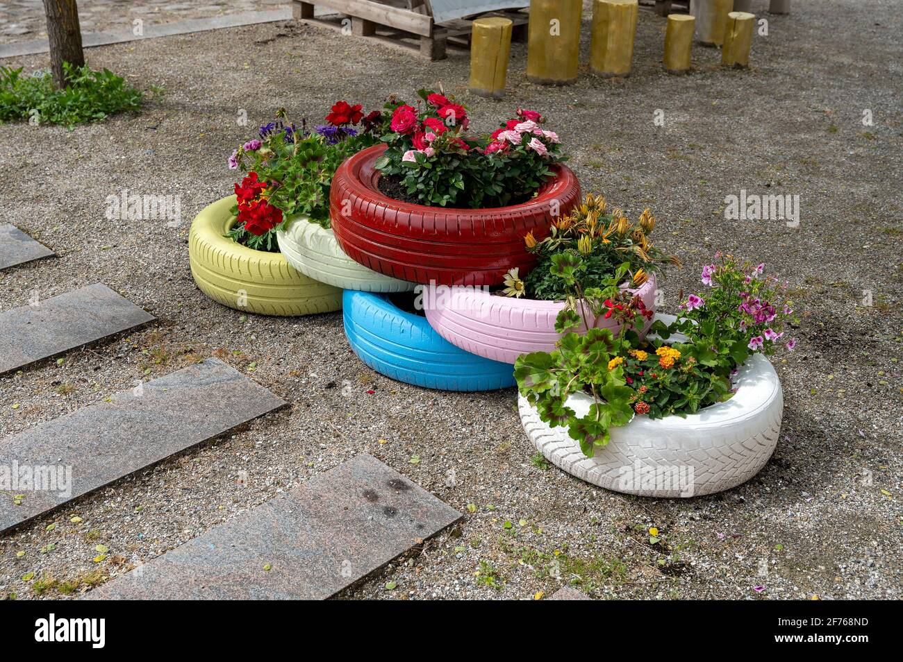 6 colorful tires with flowers in them - shot from an obliquely angle ...