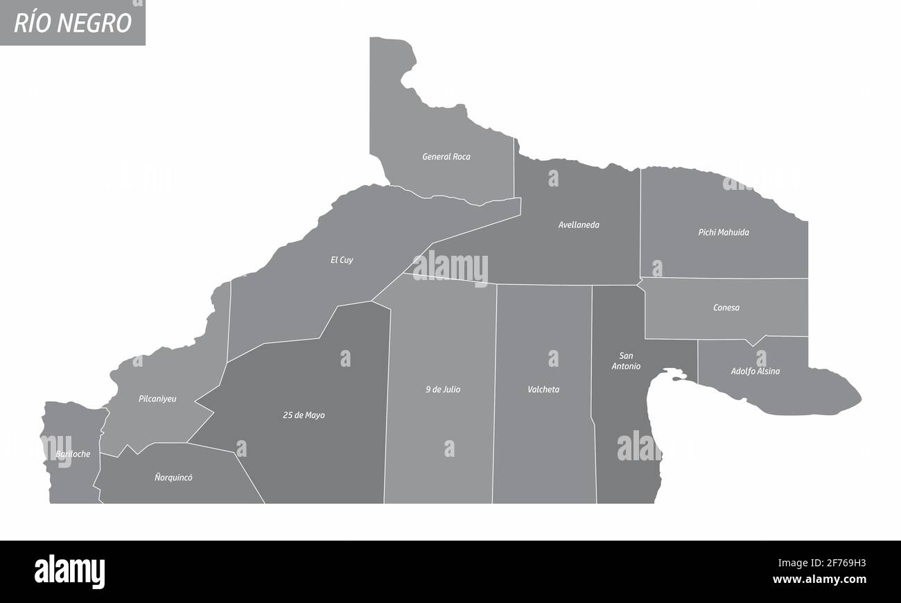 The Rio Negro province isolated map divided in departments with labels ...