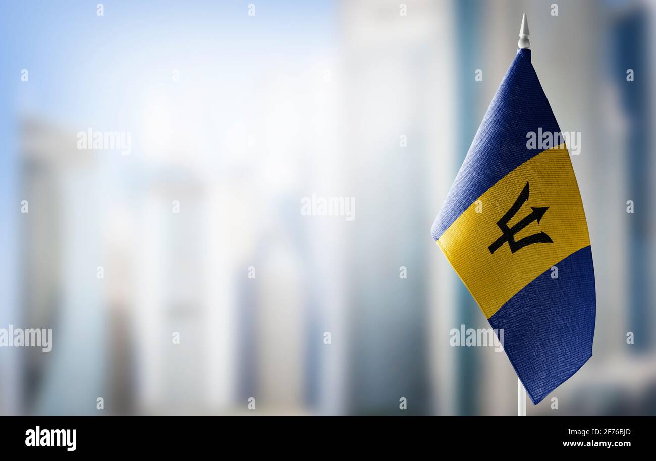 A small flag of Barbados on the background of a blurred background ...