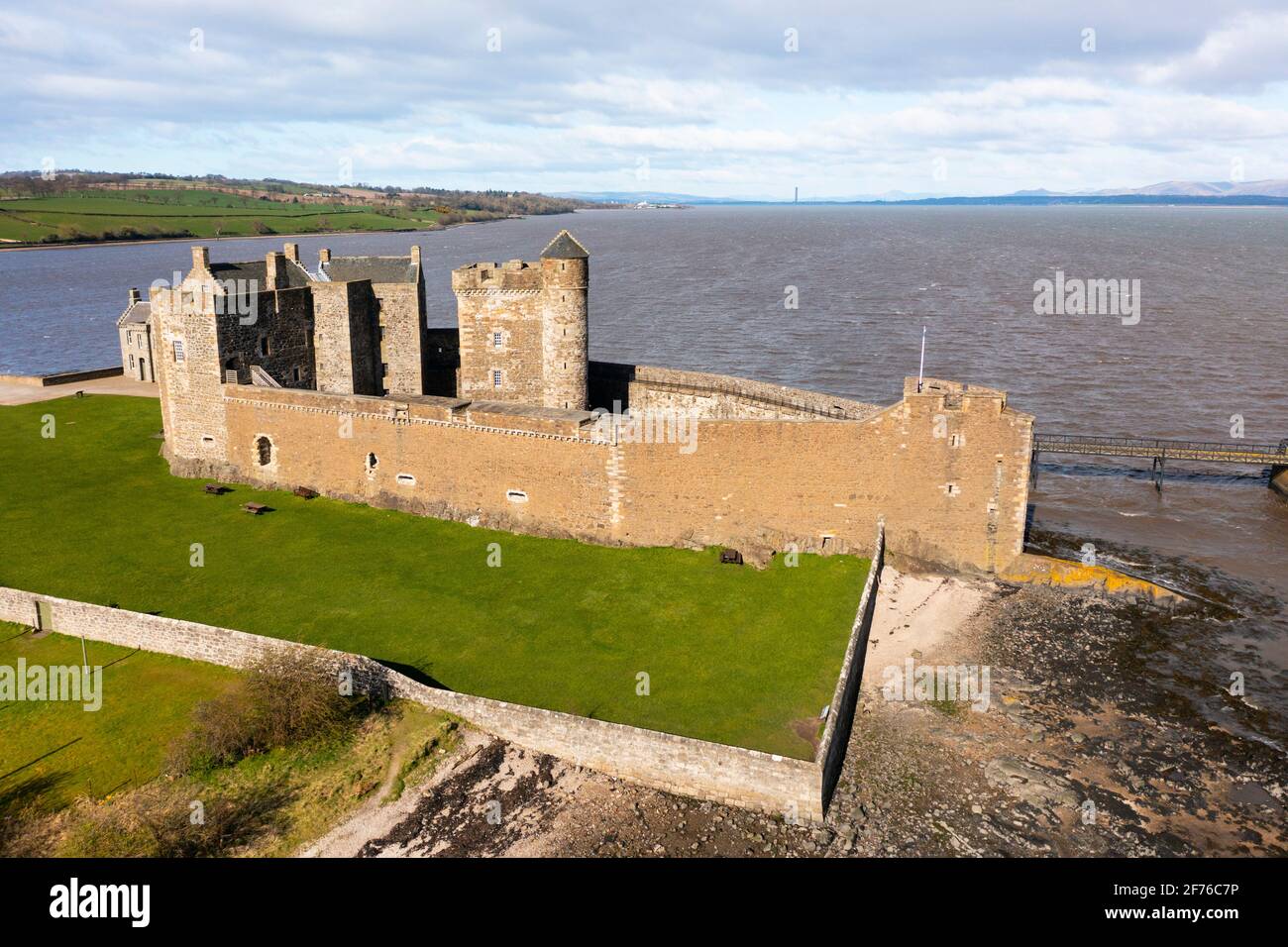 Aerial view from drone of Blackness Castle on Firth of Forth in ...