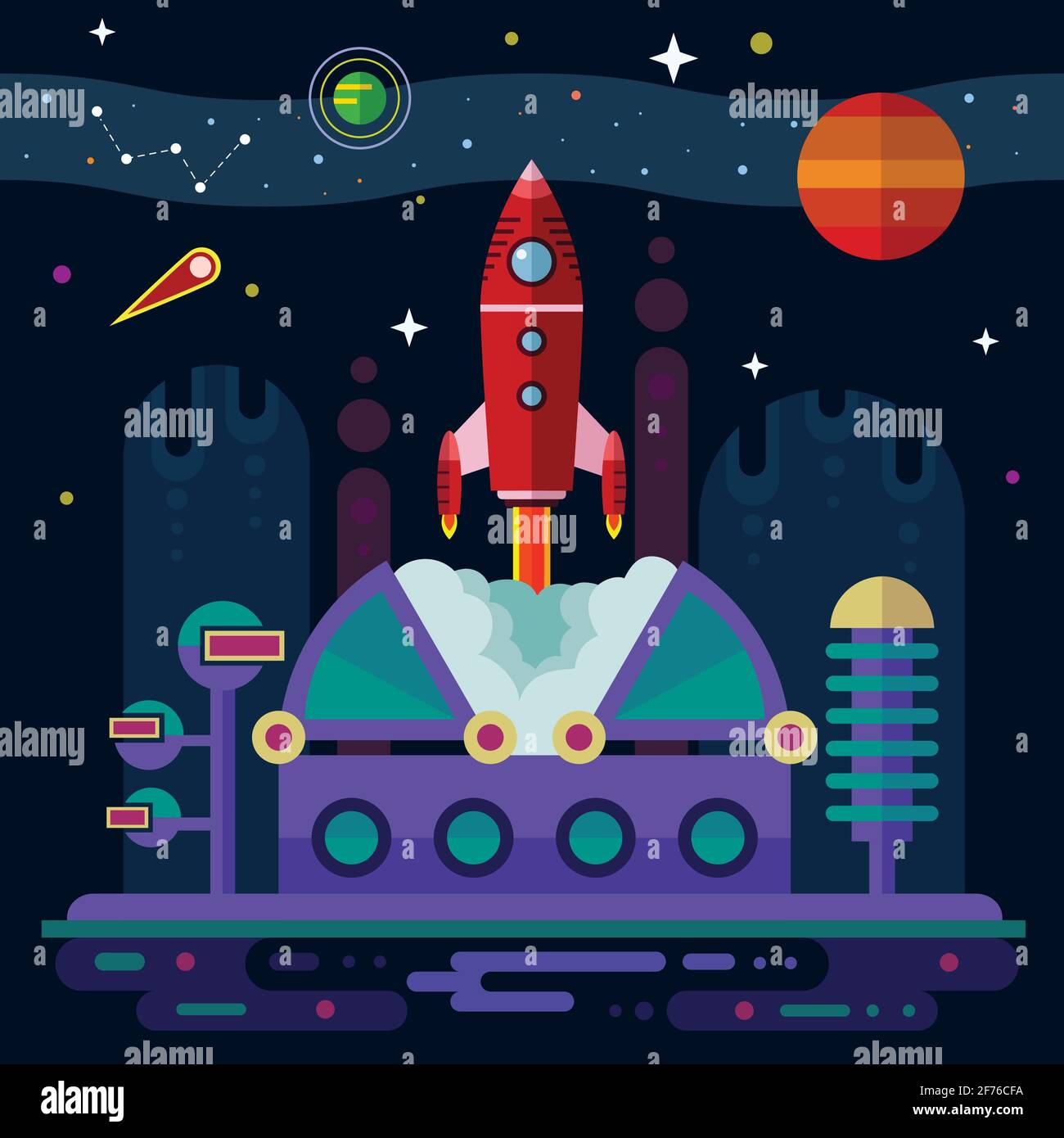 Vector flat space elements with spaceship, space station, milky way and planets Stock Vector ...