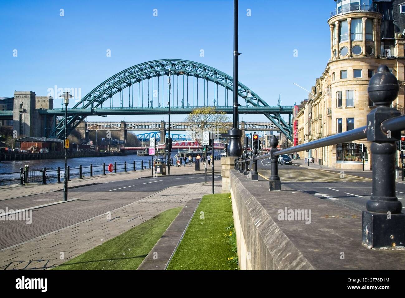 A landscape view looking up the Quayside in Newcastle upon Tyne towards ...