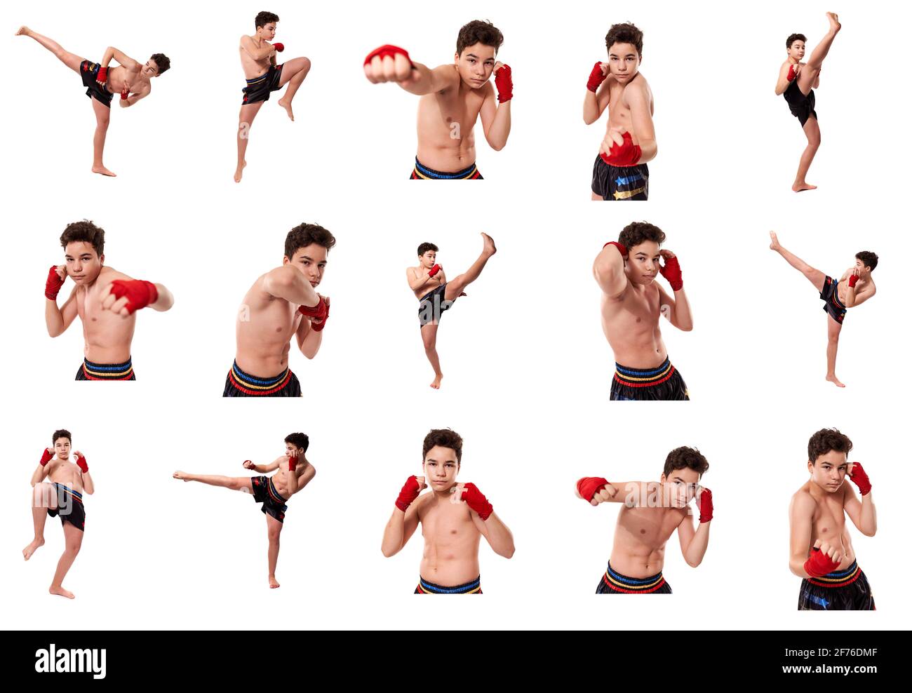 Young boy kickboxing fighter in various strikes isolated on white ...