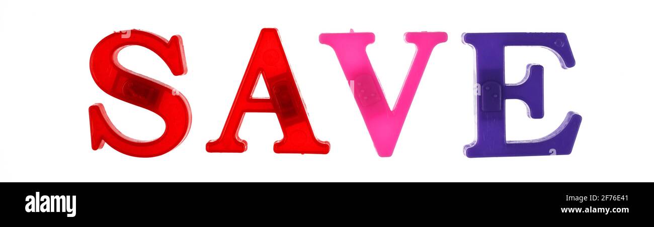 The word save is laid out in multicolored letters, isolated on white ...