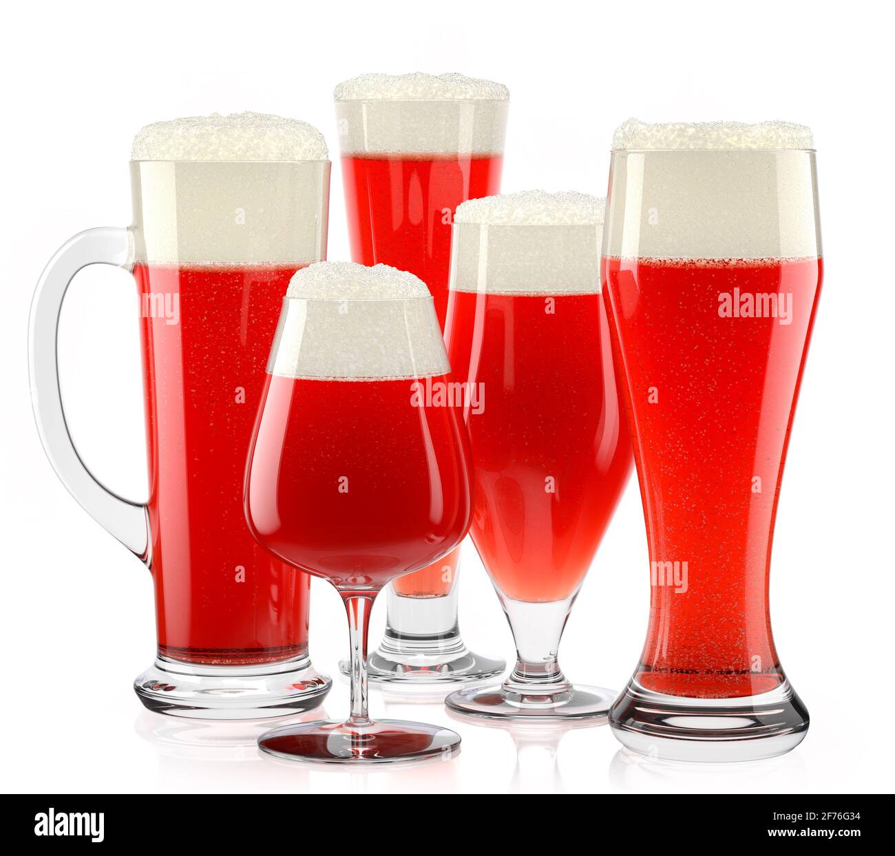 Set of fresh draft beer glasses with bubble froth isolated on white ...