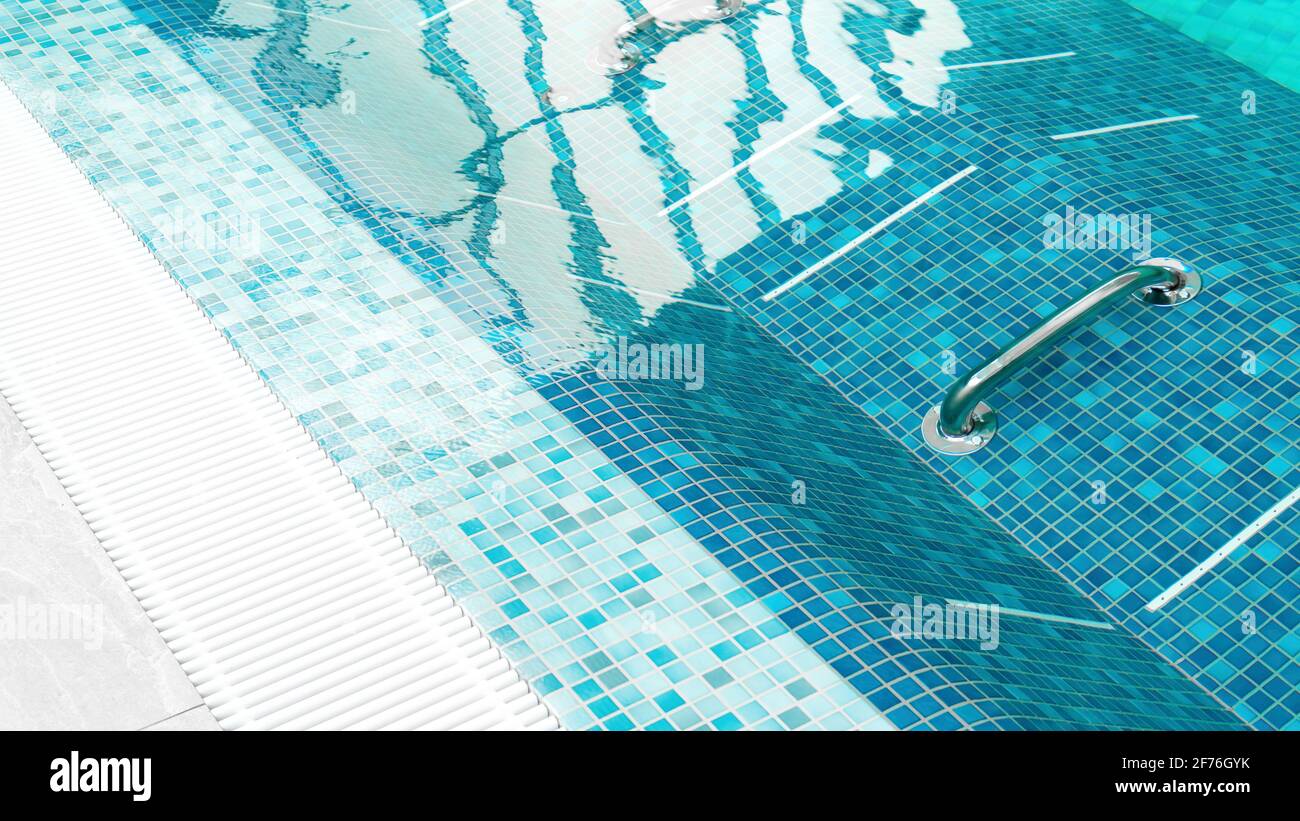 Pool water surface with square blue tiles and water drainage grates ...
