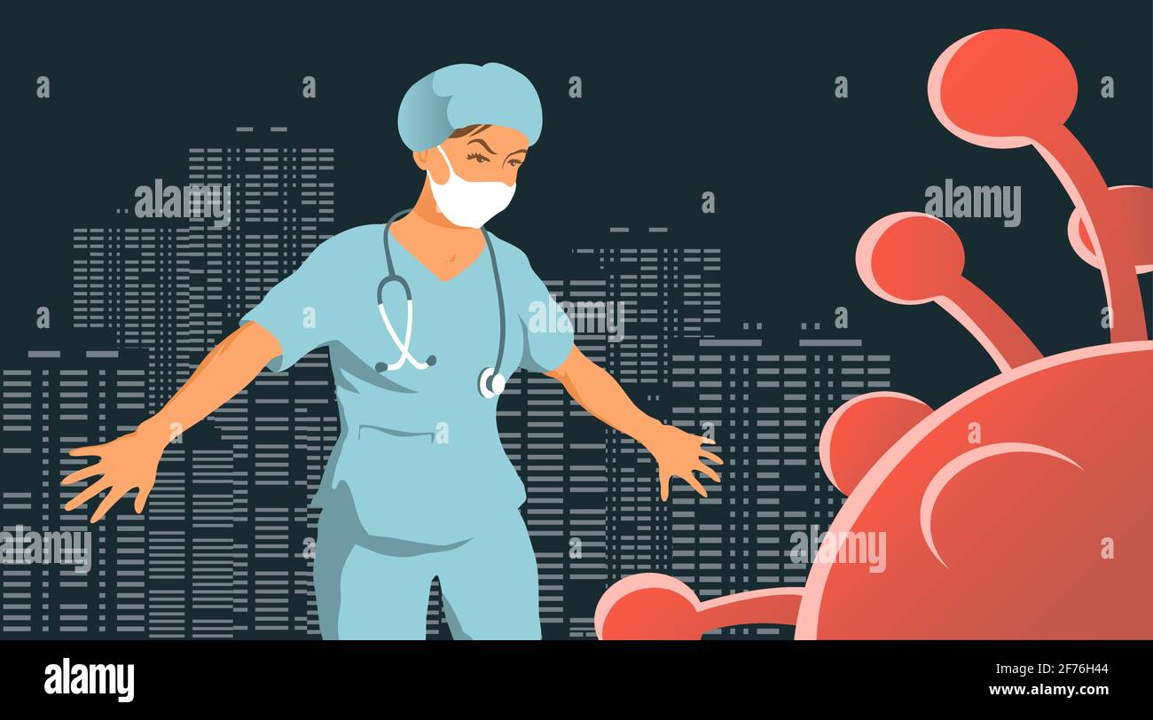 Doctor woman saves city from coronavirus. Courageous hero. Vector ...