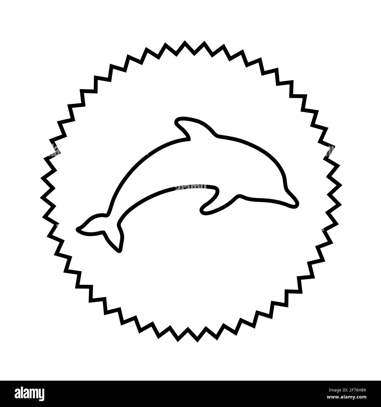 Flat round icon with silhouette of playing dolphin. Summer resort and ...