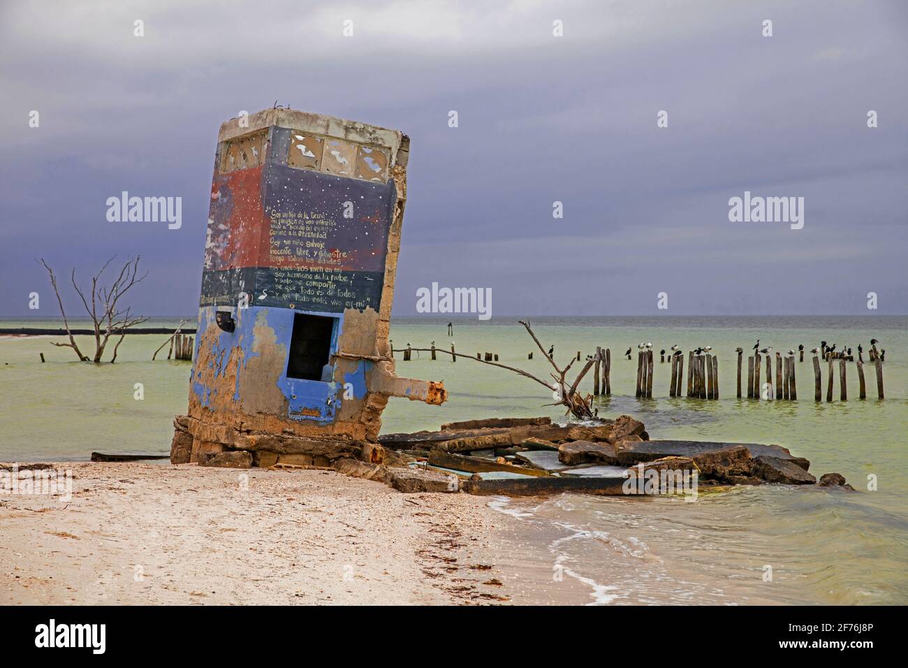 Hurricane damage, building remnant on beach at Isla Holbox, island in ...