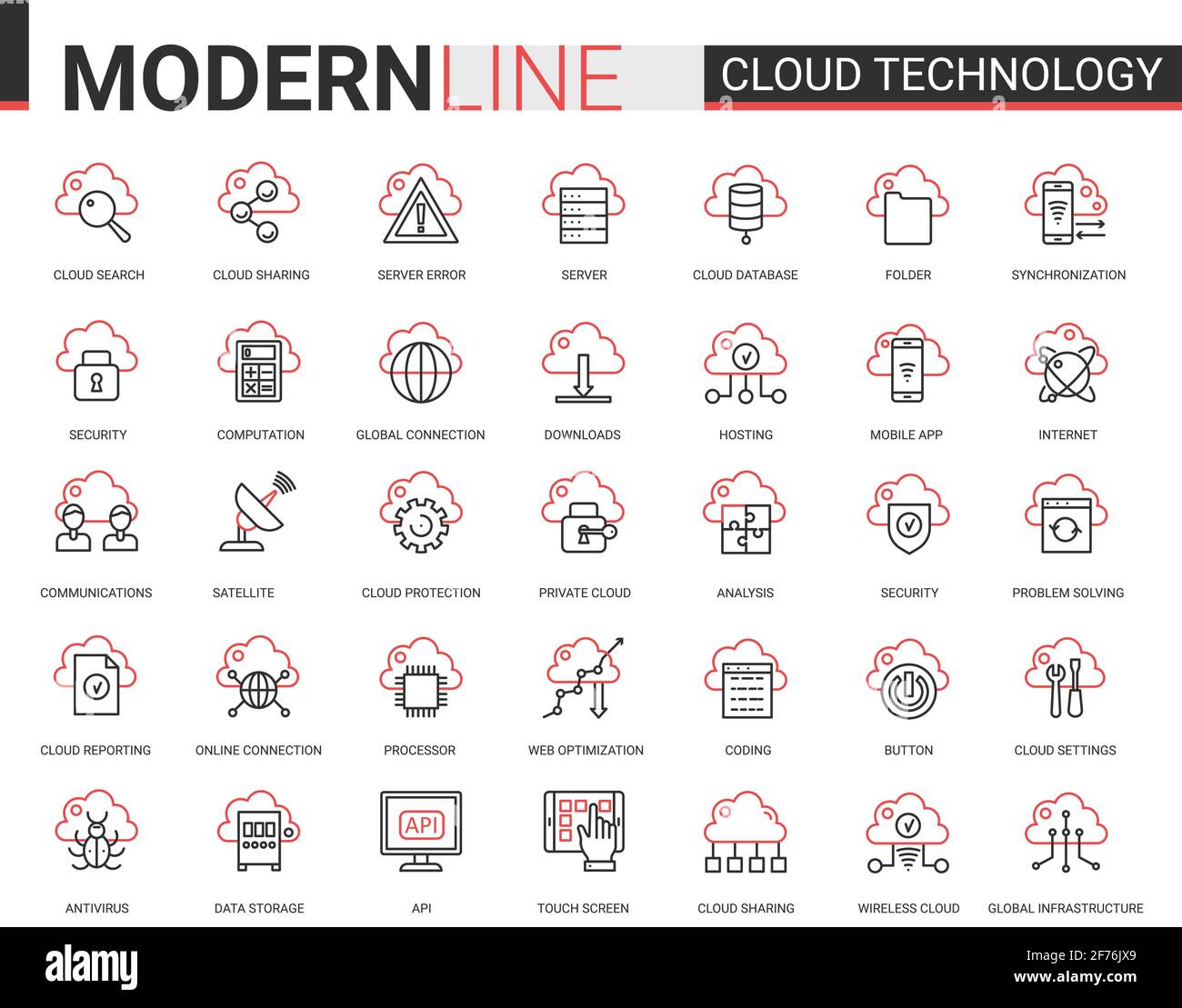 Cloud data technology red black outline line icons set vector illustration Stock Vector Image ...
