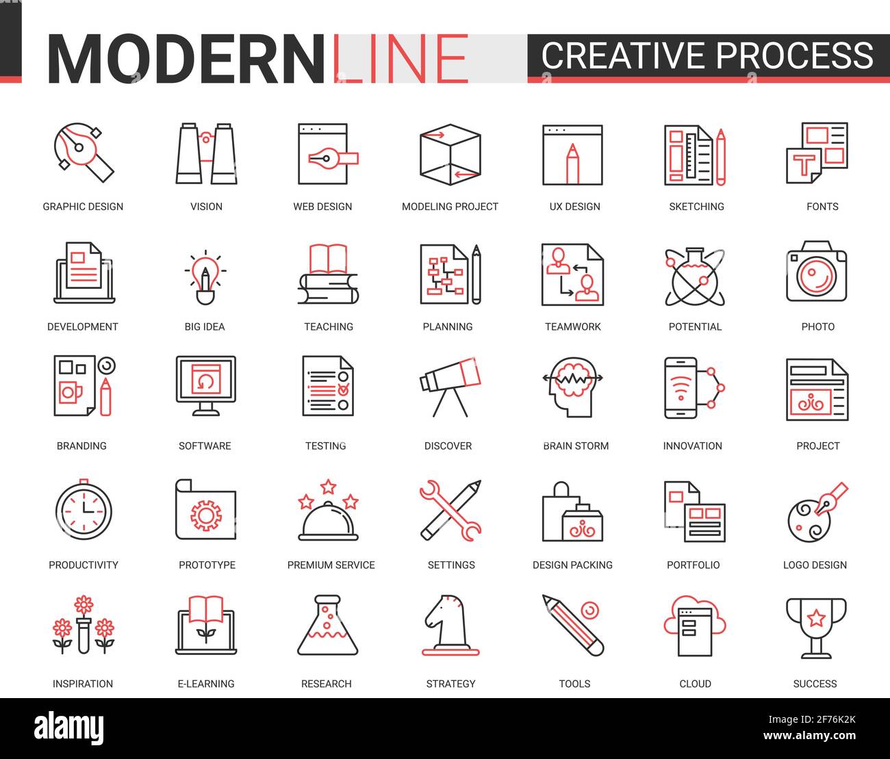 Creative work process red black outline line icons. Statistics ...