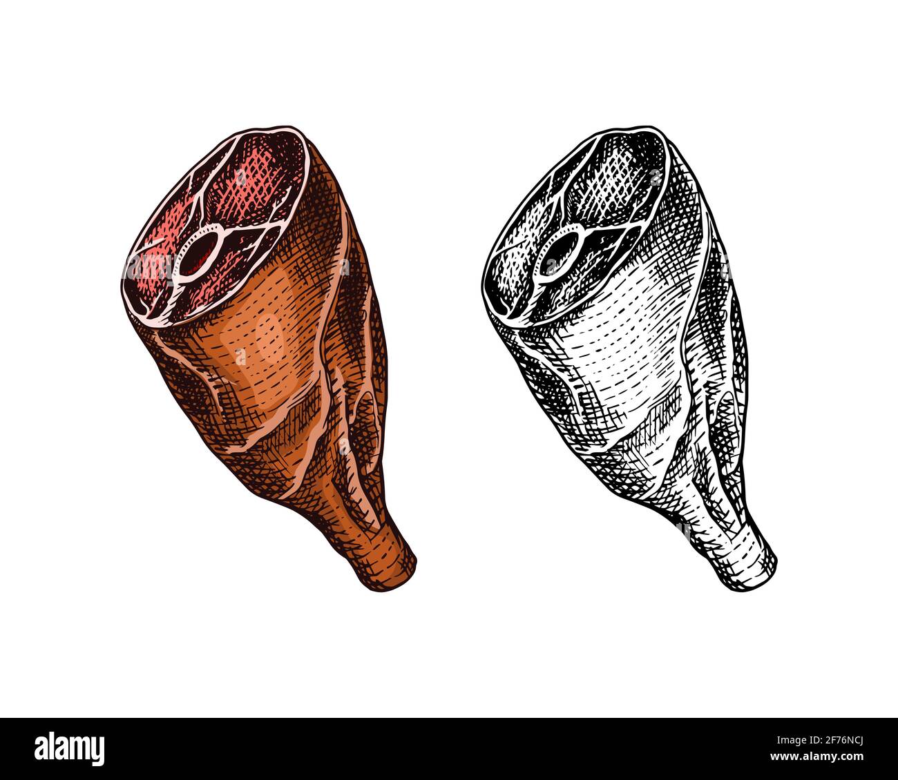 Grilled meat, Raw Pork or beef leg. Barbecue food in vintage style ...