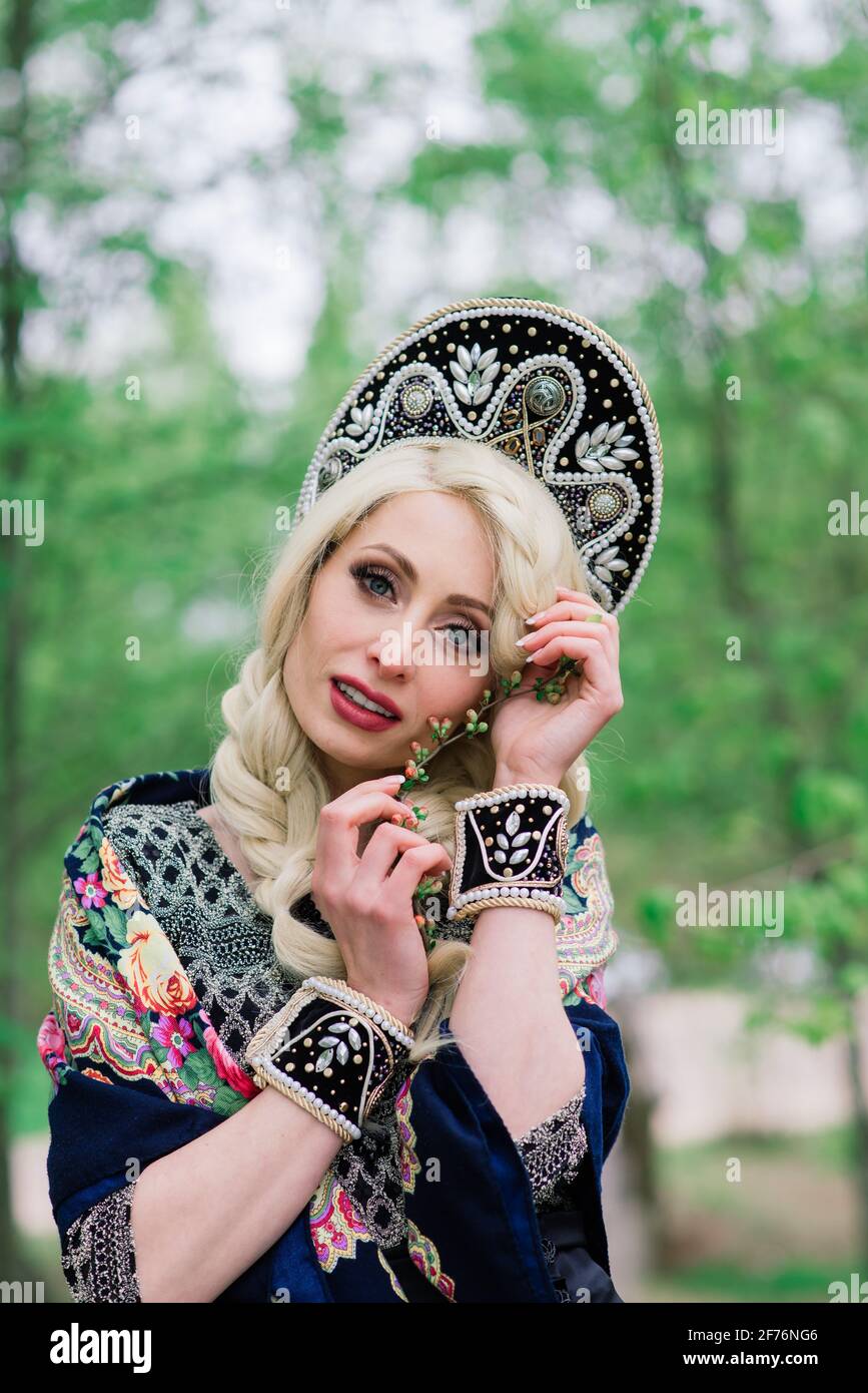 Young female of Slavic appearance with crown, kokoshnik on the ...