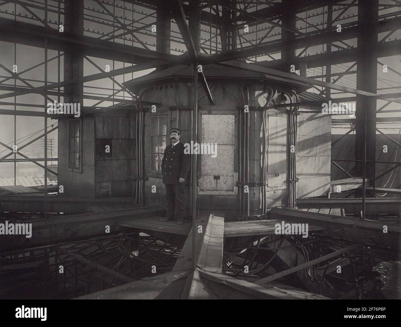 The telephone tower in 1908. The cable cartridge at the base of the ...