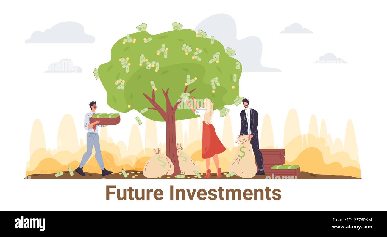 Flat cartoon characters harvesting money, vector illustration concept ...