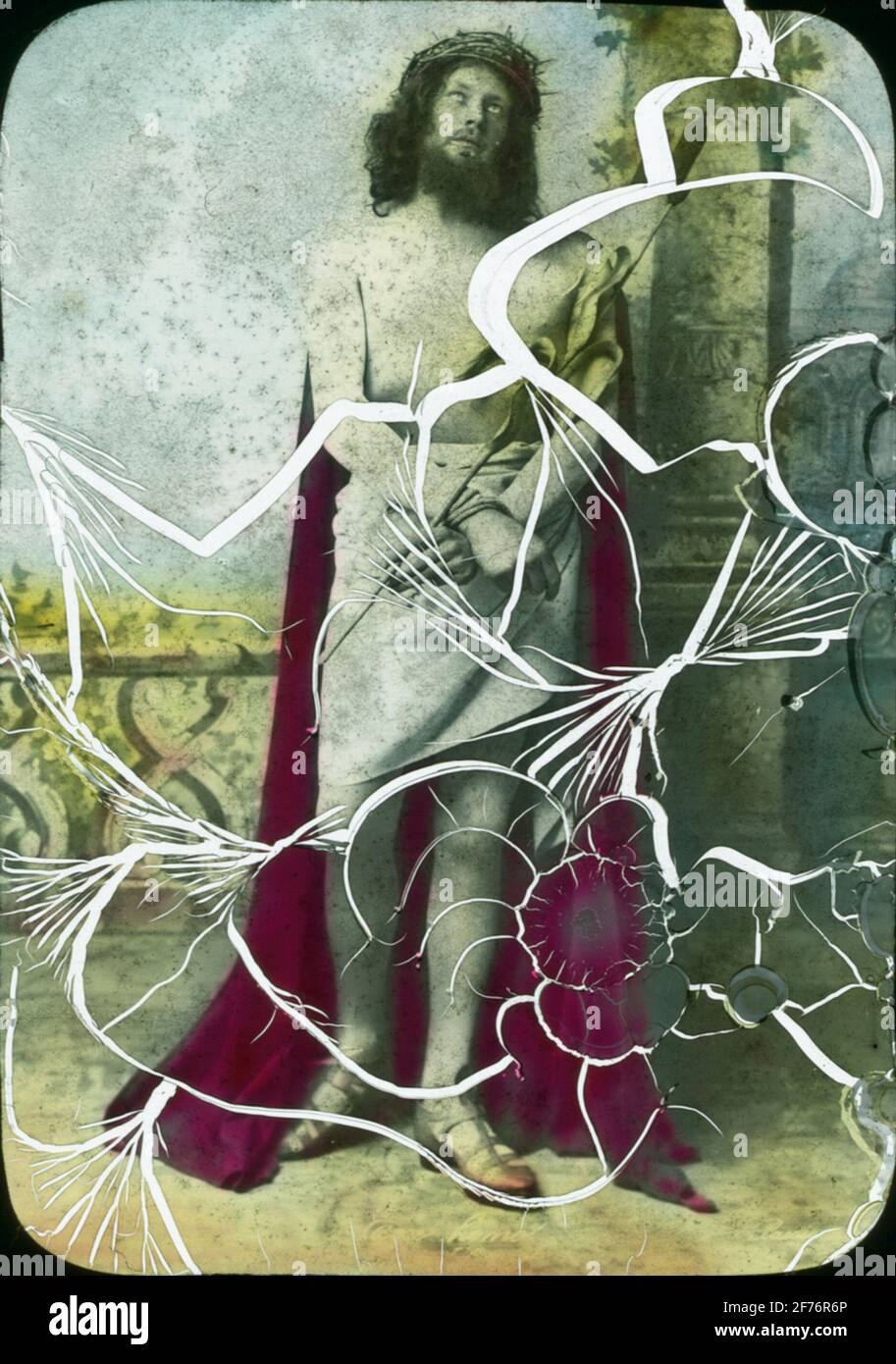 Colored skiolet icon with religious motifs. Jesus with the thorn crown ...