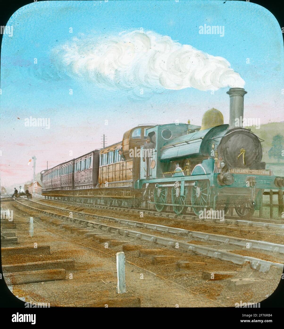 Colored skioptic image with motifs of steam locomotive with wagons ...