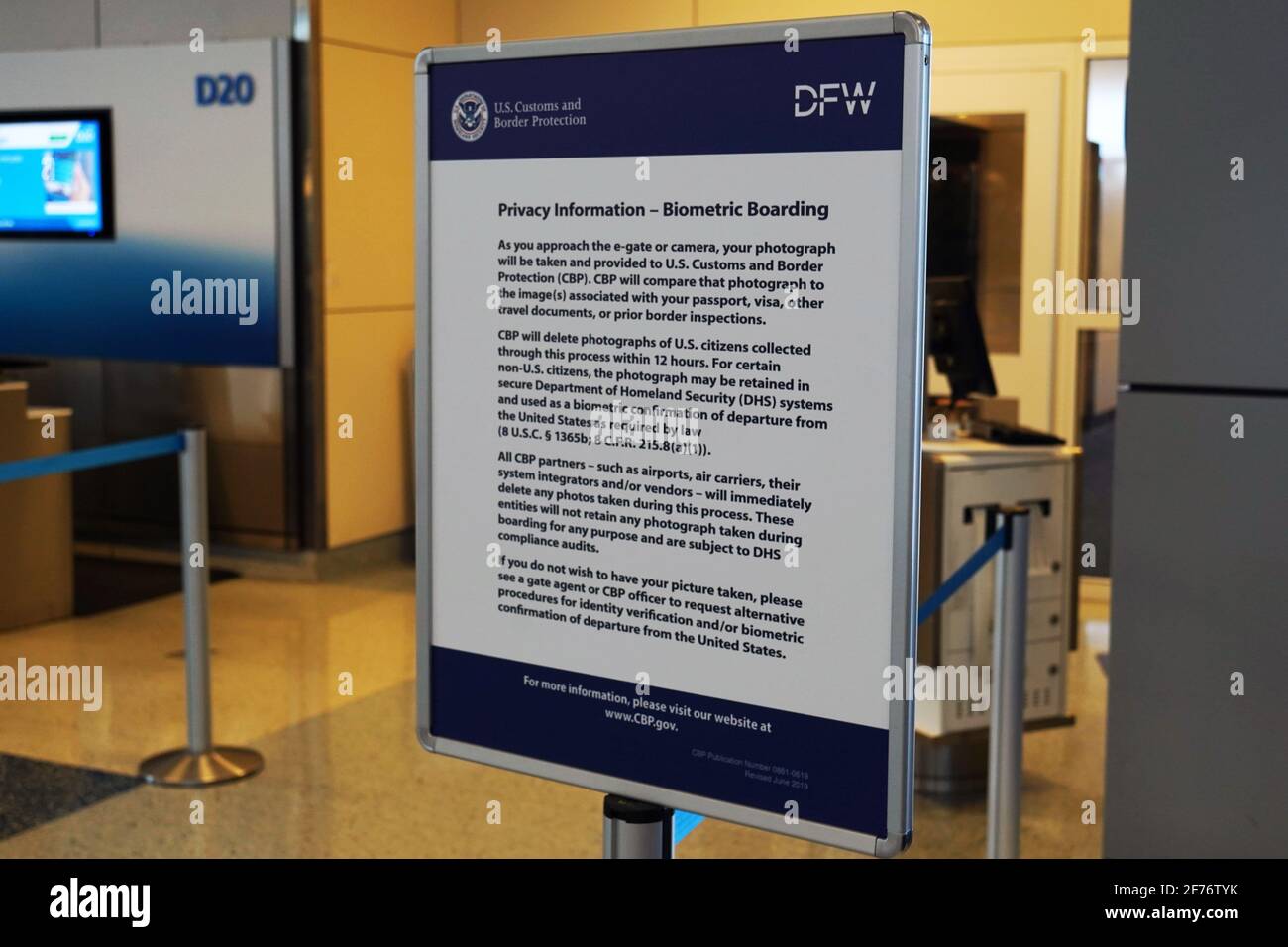 A biometric screening privacy notice in Terminal D of the Dallas Forth ...