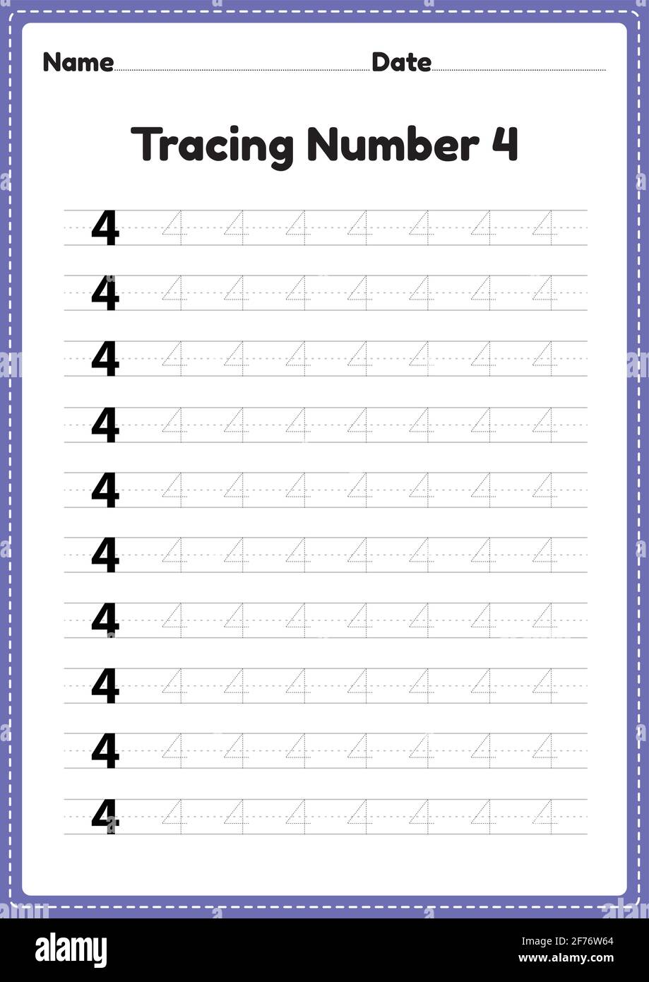 Tracing number 4 worksheet for kindergarten and preschool kids for ...