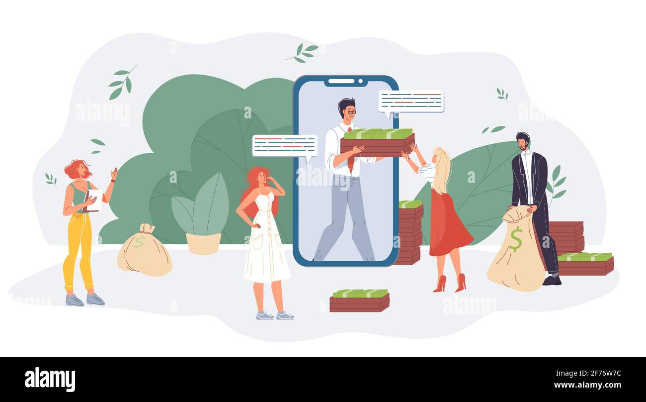 Flat cartoon characters harvesting money, vector illustration concept ...