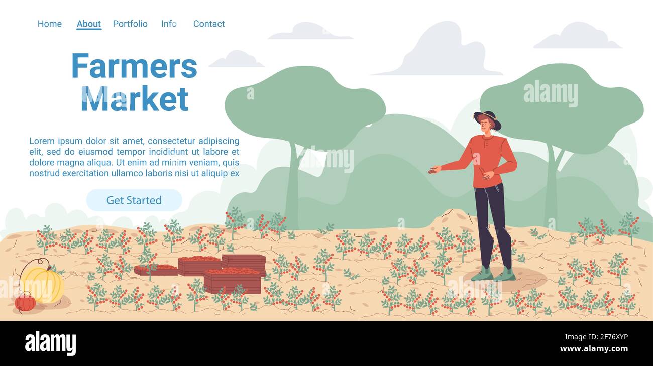 Flat cartoon farmer character grows crops, vector landing page concept ...