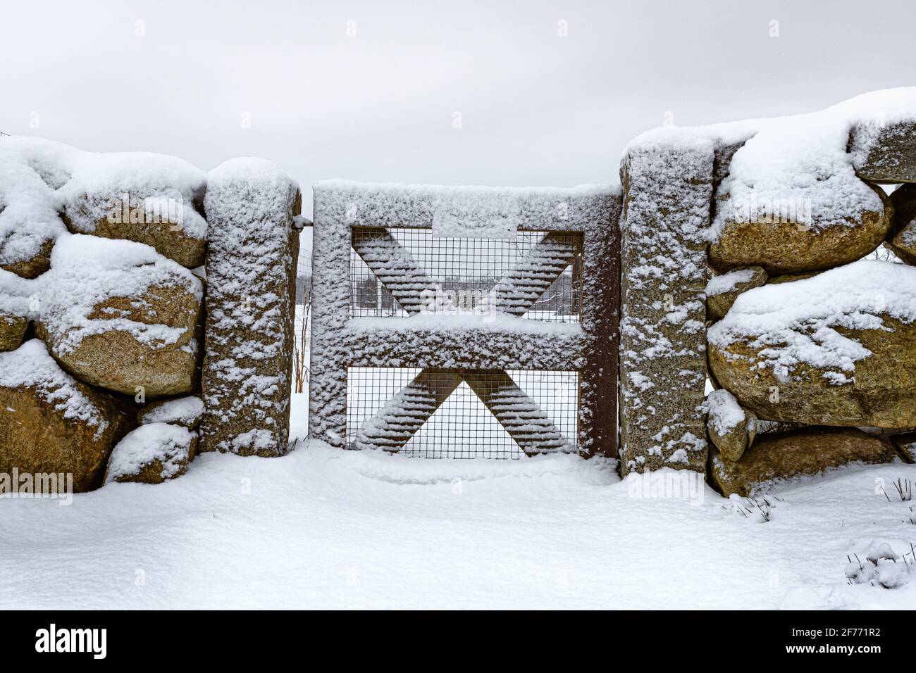 Snow and frost covered gate and stone wall Stock Photo - Alamy