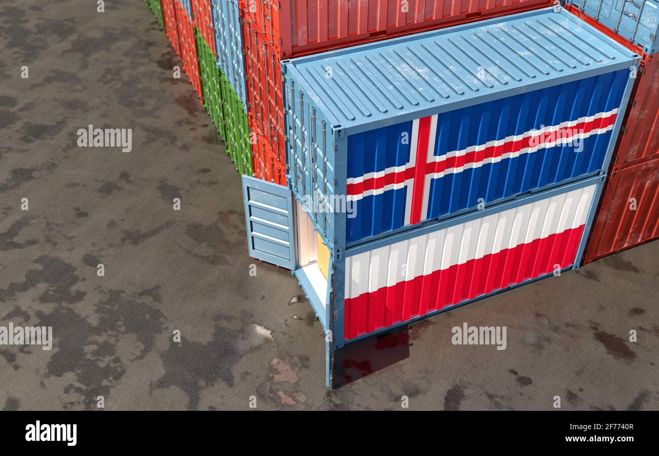 Freight containers with Iceland and Poland flag. 3D Rendering Stock ...
