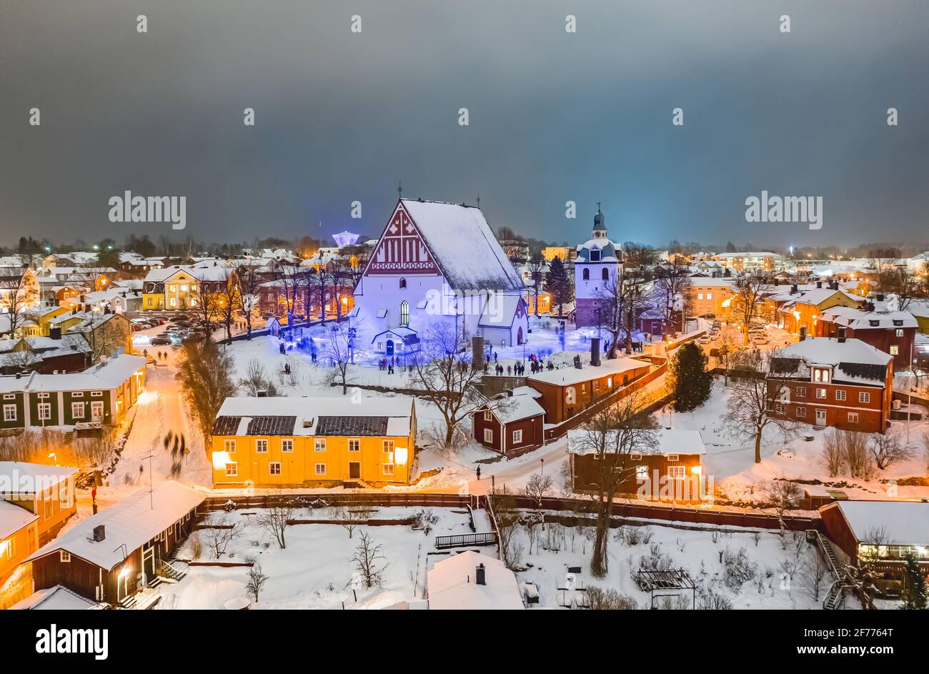 Aerial view of Old Porvoo in the winter evening with Christmas ...