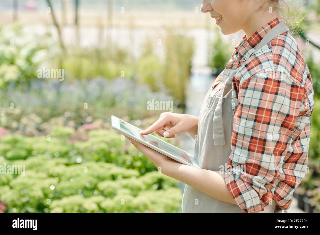Side view of happy young female worker of greenhouse pointing at ...