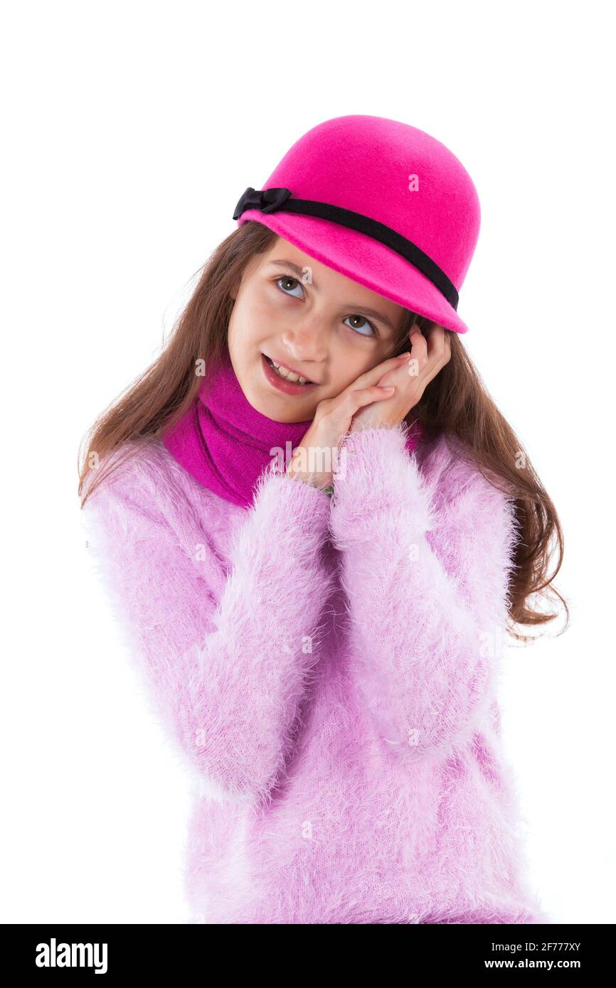 Beautiful female child looking up isolated on white Stock Photo - Alamy