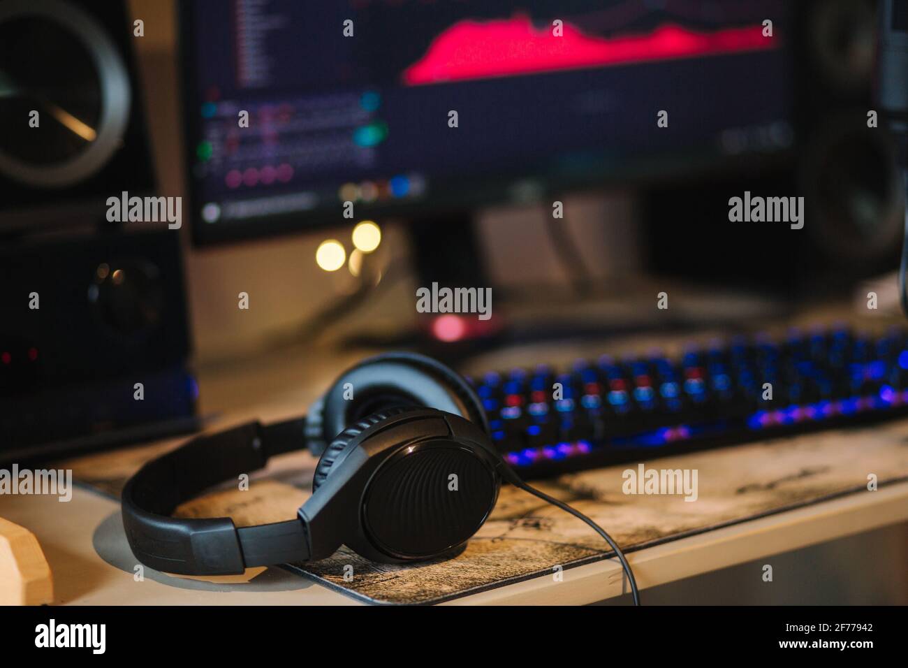 Workplace of musician at home. Table with pc, microphone and headphones ...