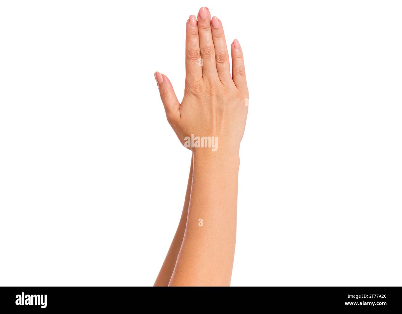 Female hand showing stop sign with palm, isolated on white background ...