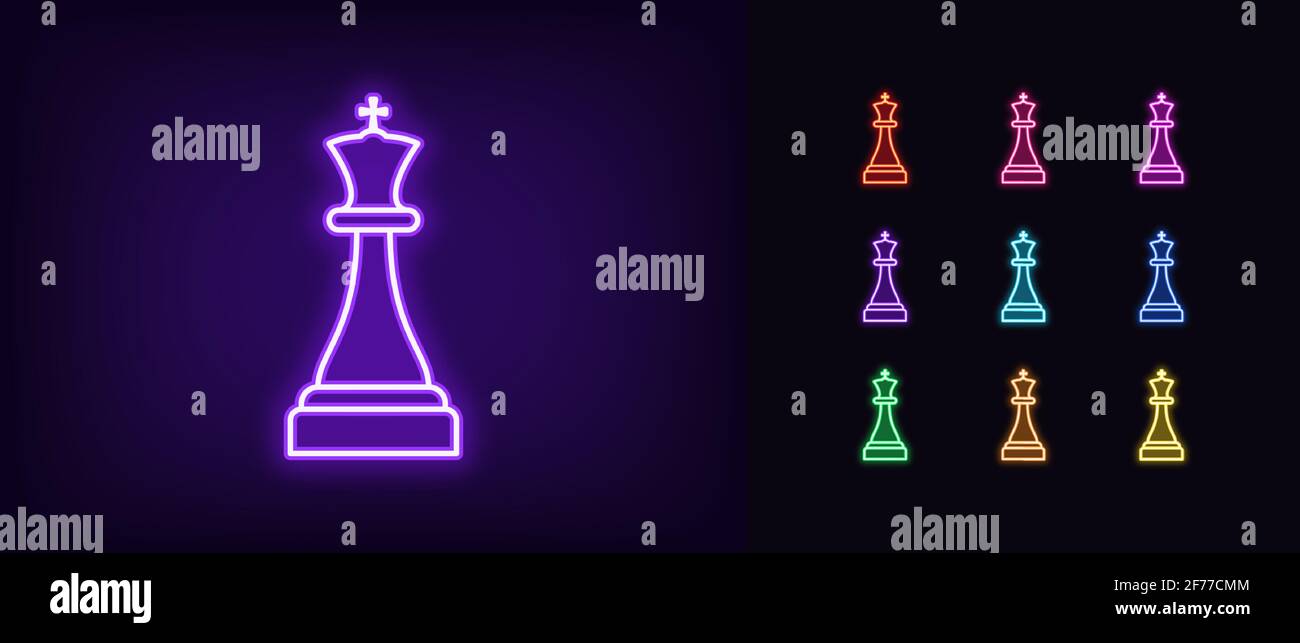 Neon chessmen king icon. Glowing neon king sign, outline chess piece ...